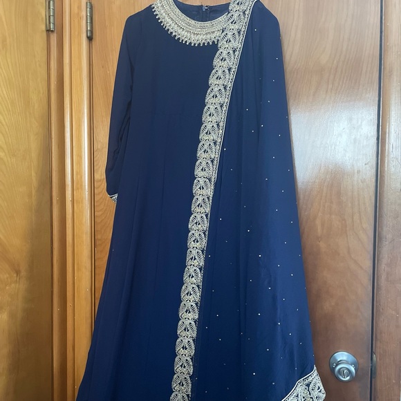 Dresses | Georgette Long Anarkali Simple Navy Blue Dress Detailed ...